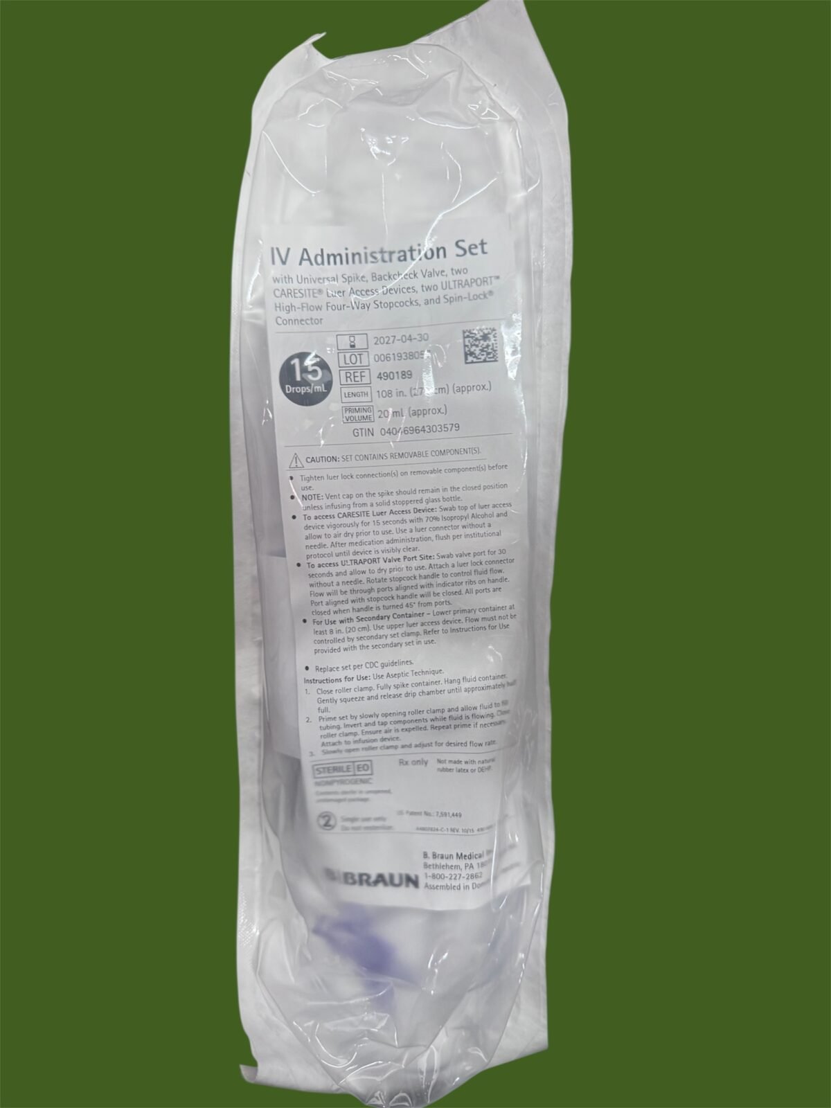 B Braun IV Administration Set 108in 15 Drop Sterile Ref 490189 Exp 04/ ...